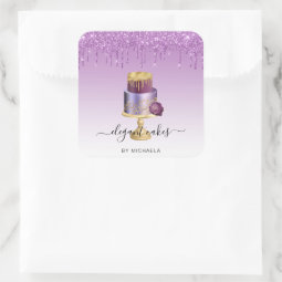 Wedding Cake Glitter Drip Purple Bakery Square Sticker | Zazzle