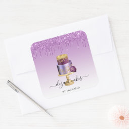 Wedding Cake Glitter Drip Purple Bakery Square Sticker | Zazzle