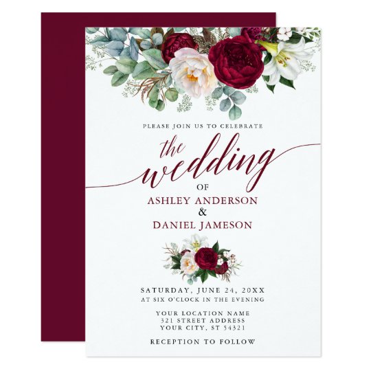 Wedding Calligraphy Burgundy Floral Greenery B Invitation | Zazzle.com
