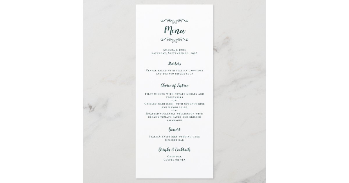 Wedding Calligraphy Emerald Green Dinner Party Menu | Zazzle