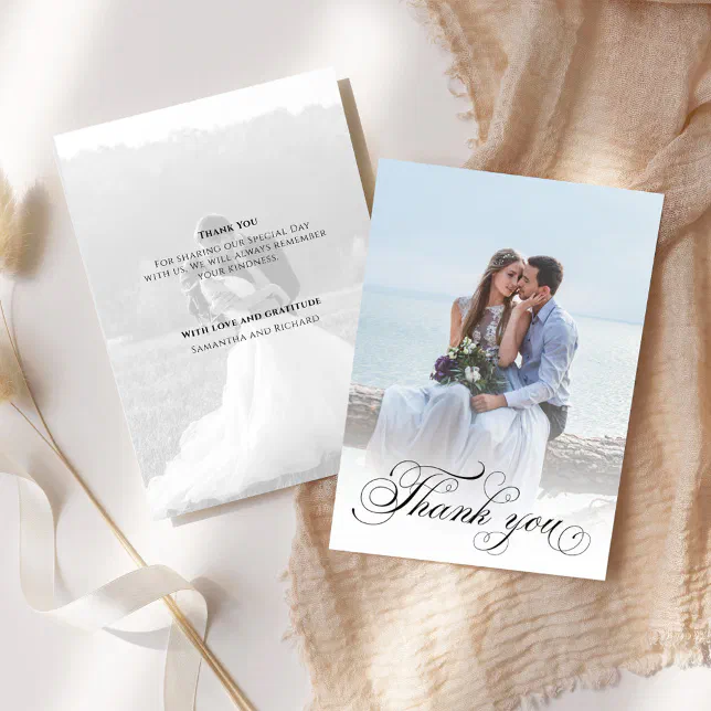 Wedding Calligraphy Script Photo Elegant Thank You Card | Zazzle