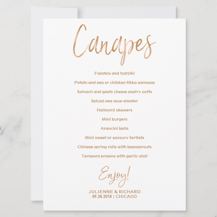 Wedding Canapes Menu | Stylish Gold Rose Lettered Invitation | Zazzle