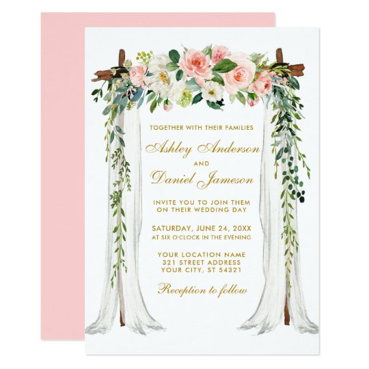 Wedding Canopy Arch Watercolor Pink Floral Gold Invitation | Zazzle.com