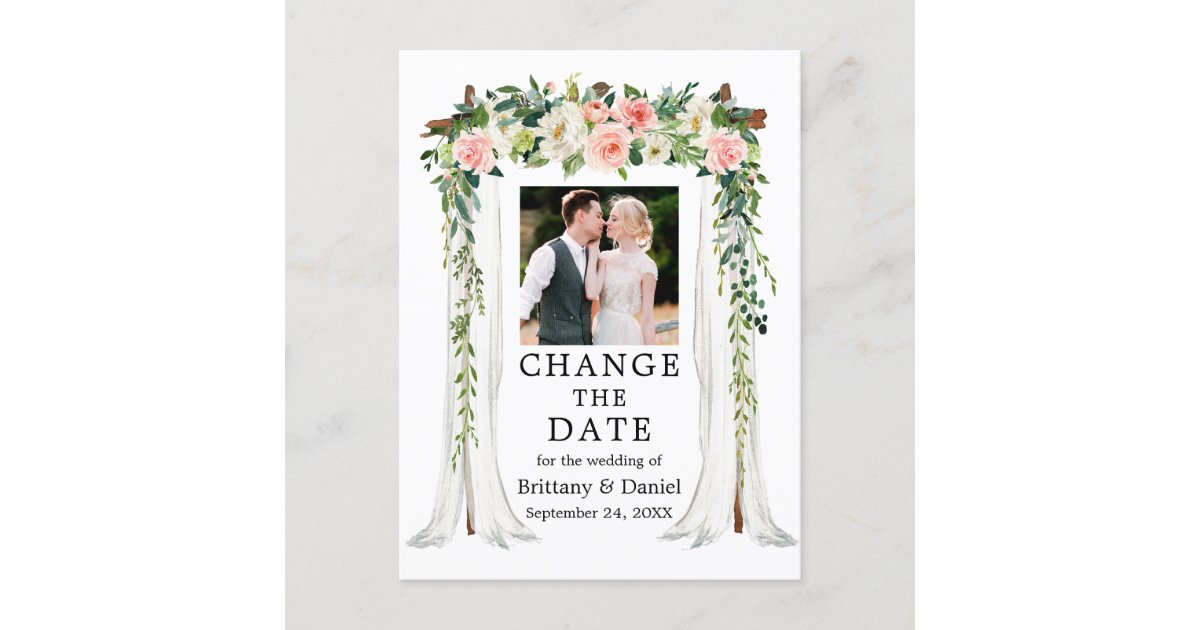 Wedding Canopy Pink White Floral Change The Date Postcard | Zazzle