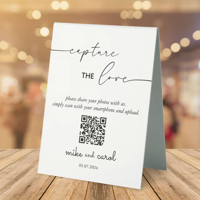 Wedding Capture The Love Photo Share QR Code Table Tent Sign | Zazzle