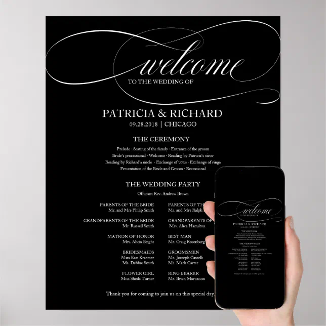 Wedding Ceremony Program Board Black And White Poster | Zazzle