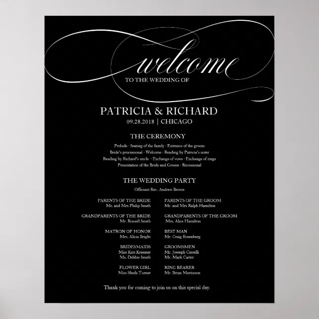 Wedding Ceremony Program Board Black And White Poster | Zazzle