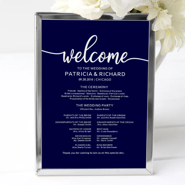 Wedding Ceremony Program Board Chic Navy Blue Poster | Zazzle
