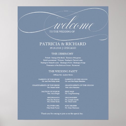 Wedding Ceremony Program Board Dusty Blue Poster | Zazzle