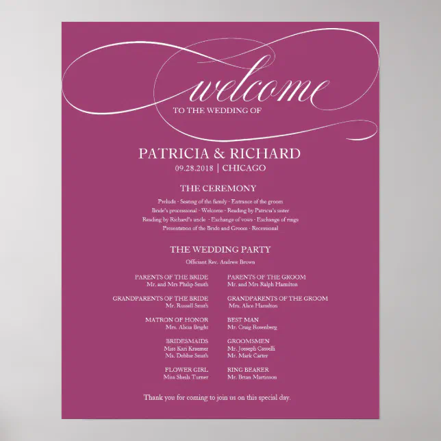 Wedding Ceremony Program Board Pink Cassis Poster | Zazzle