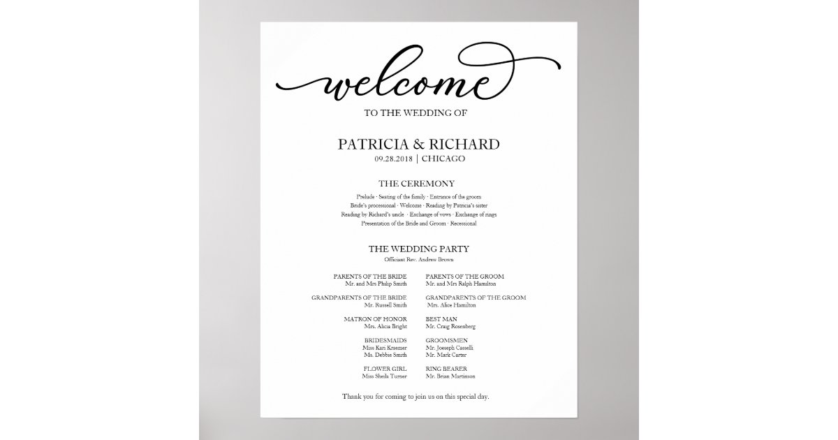 Wedding Ceremony Program Chic Script Poster | Zazzle