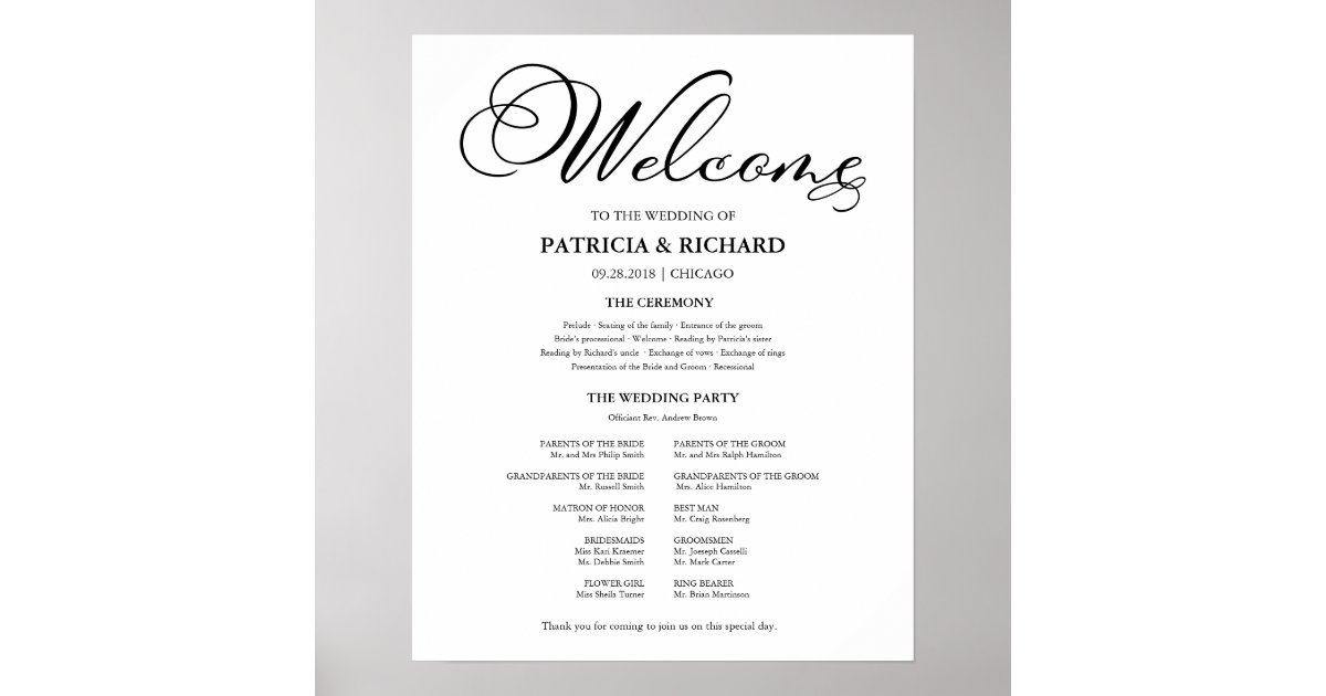 Wedding Ceremony Program Elegant Calligraphy Poster | Zazzle