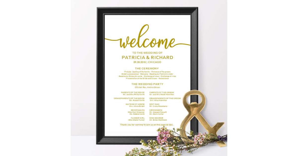 Wedding Ceremony Program Gold Calligraphy Poster | Zazzle