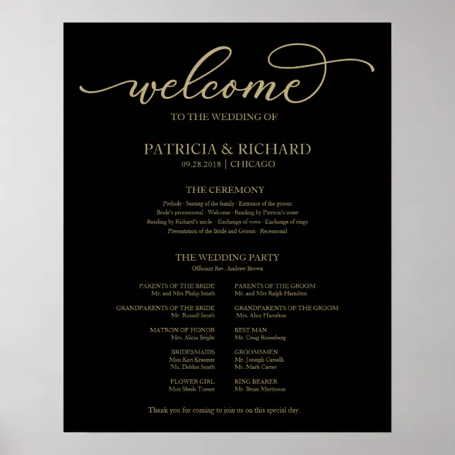 Wedding Ceremony Program Gold Script Black Sign | Zazzle