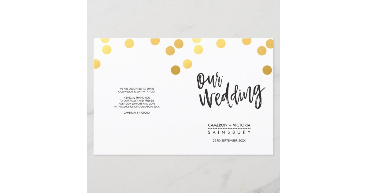 WEDDING CEREMONY PROGRAM hand lettered gold spots | Zazzle