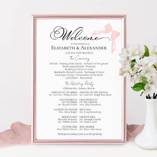 Wedding Ceremony Program Sign | Pink Bow | Zazzle
