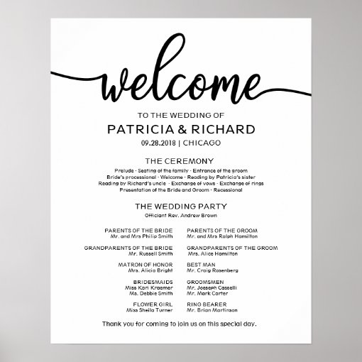 Wedding Ceremony Program Sign Simple Calligraphy | Zazzle