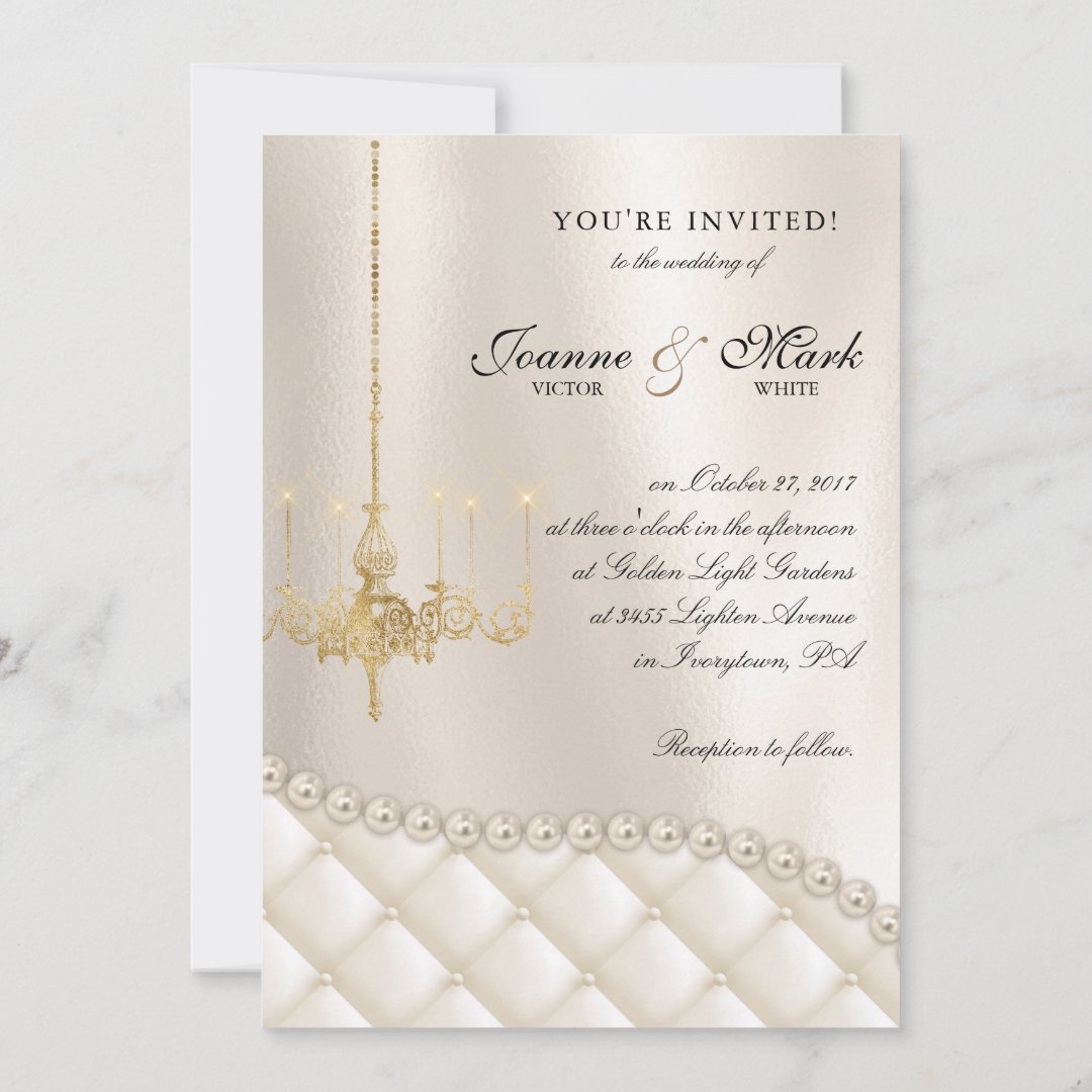 Wedding Chandelier Lighting Ivory Pearls Satin Invitation | Zazzle