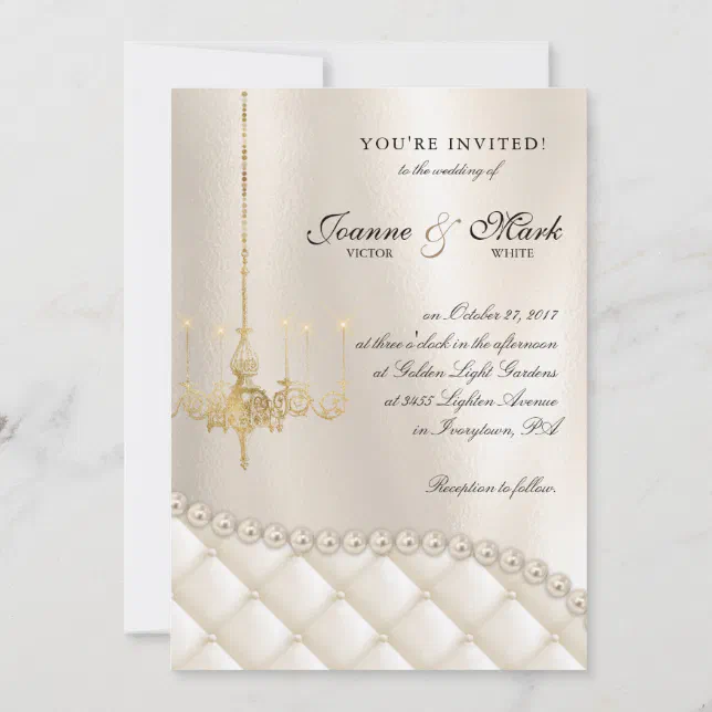 Wedding Chandelier Lighting Ivory Pearls Satin Invitation | Zazzle