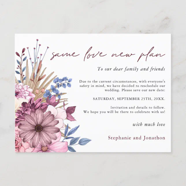 Wedding Changed Date Same Love New Plan Florals Announcement Postcard ...