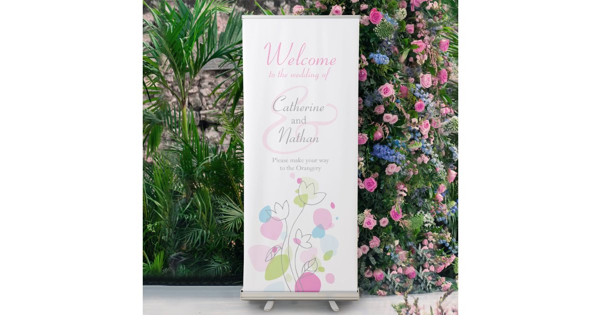 Wedding confetti pink green blue welcome banner | Zazzle