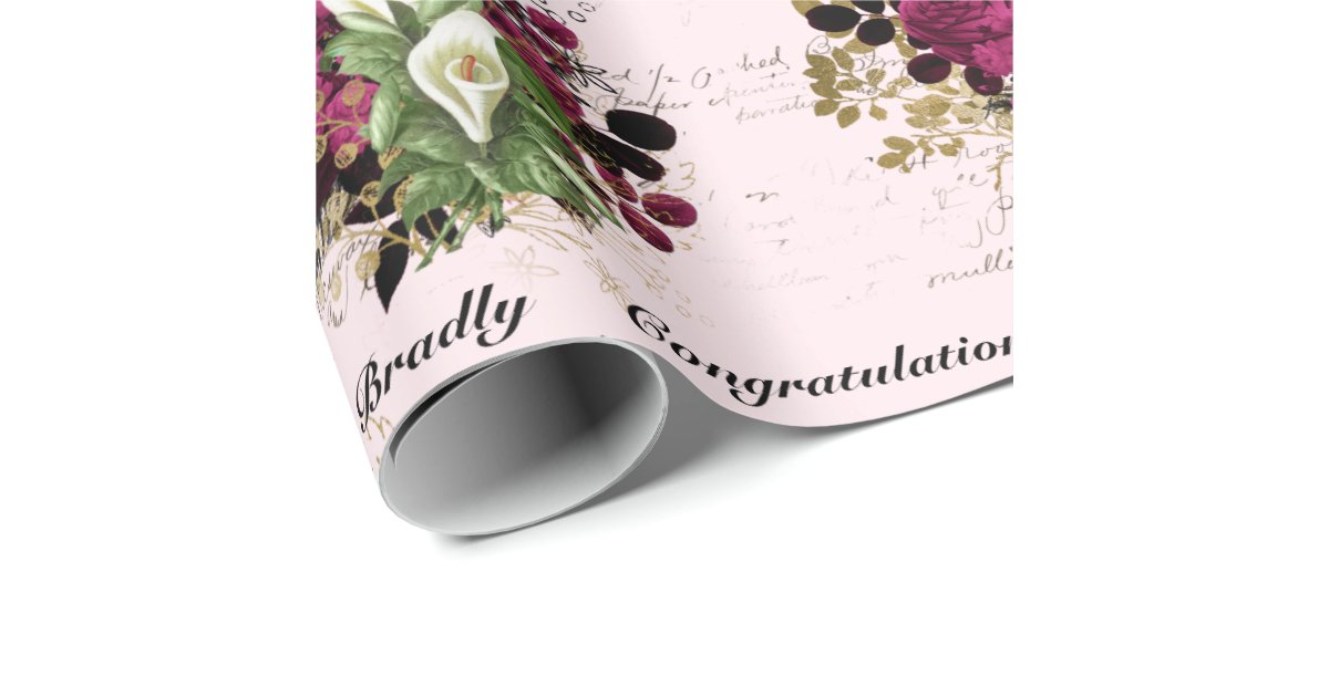 Wedding Congratulations Add Names Rose Ephemera Wrapping Paper | Zazzle
