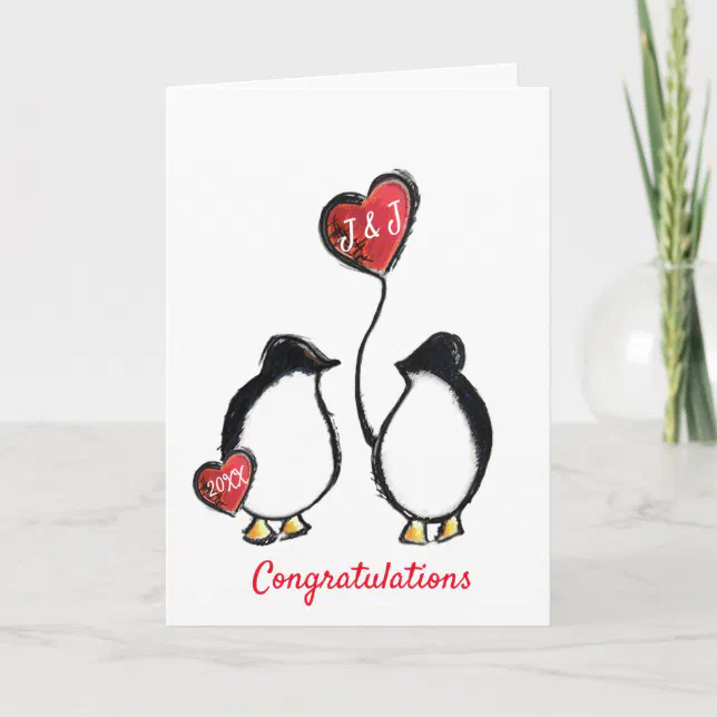 Wedding congratulations cute penguin balloon card | Zazzle