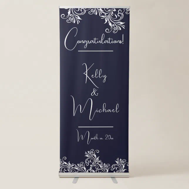 Wedding Congratulations Navy and White Retractable Banner | Zazzle