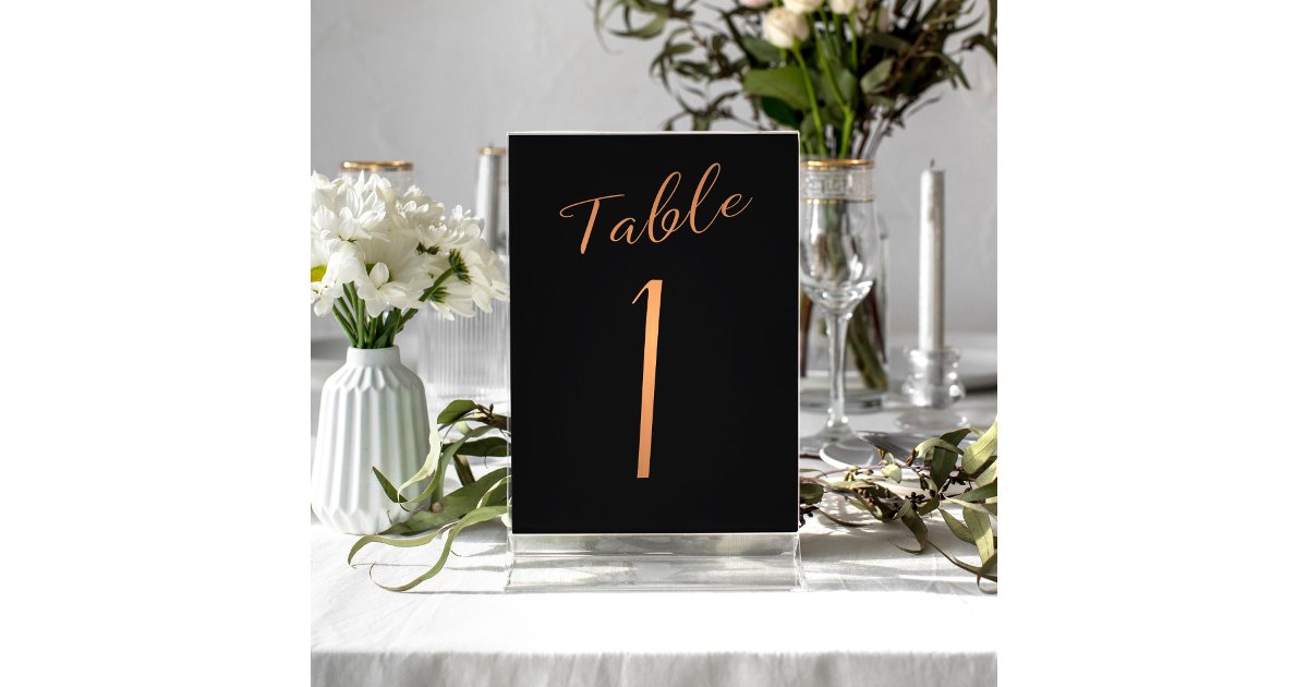 Wedding copper glitter black elegant table number | Zazzle