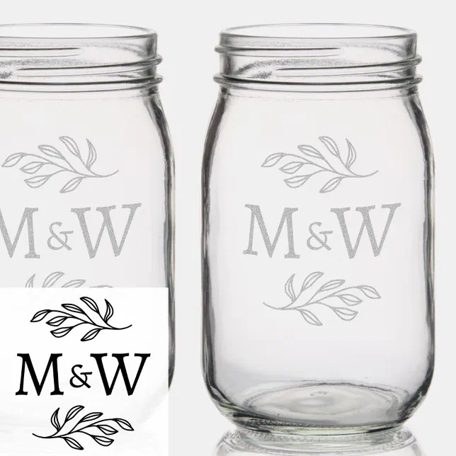 Wedding Couple Monogram Elegant Botanical Mason Jar | Zazzle
