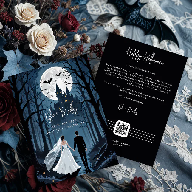 Wedding Couple Spooky Forest Toward Haunted Castle Save The Date | Zazzle
