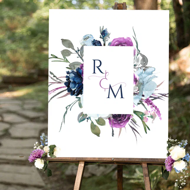 Wedding Couples Initials Purple and Blue Sign | Zazzle