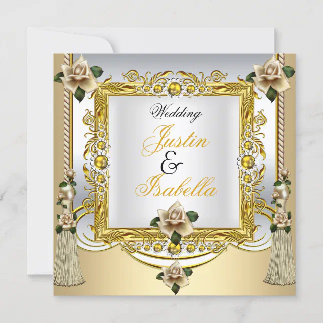 Wedding Cream Roses Tassels Gold Floral Invitation | Zazzle