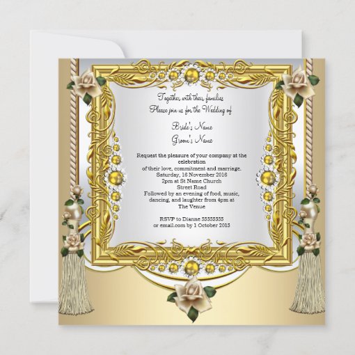 Wedding Cream Roses Tassels Gold Floral Invitation | Zazzle