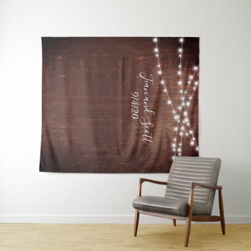 Wedding Dark Rustic String Lights Wood Lights Tapestry | Zazzle