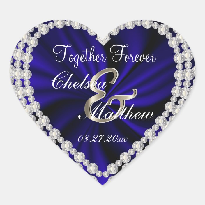 Wedding Day Navy Blue Satin | Personalize Heart Sticker | Zazzle.com