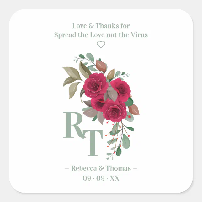 Wedding Delicate Romantic Floral Wreath Initials Square Sticker | Zazzle