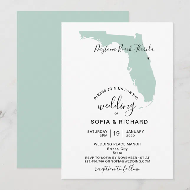 Wedding Destination Florida Map Removable Heart Invitation | Zazzle