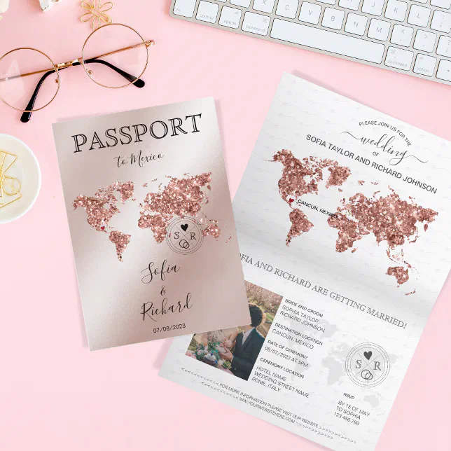 Wedding Destination Passport Rose Gold World Map Invitation | Zazzle
