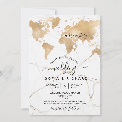 Wedding Destination World Map Gold Removable Heart Invitation | Zazzle