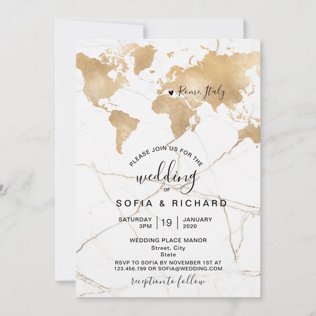 Wedding Destination World Map Gold Removable Heart Invitation | Zazzle