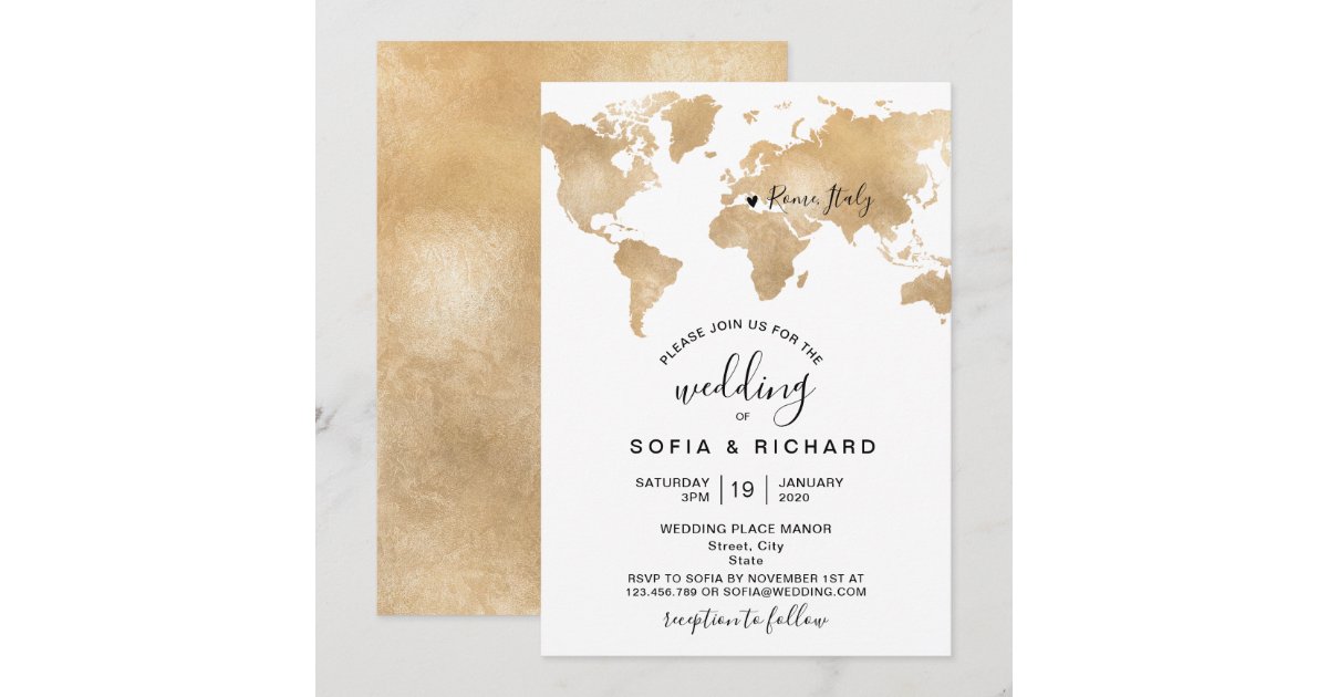 Wedding Destination World Map Gold Removable Heart Invitation | Zazzle