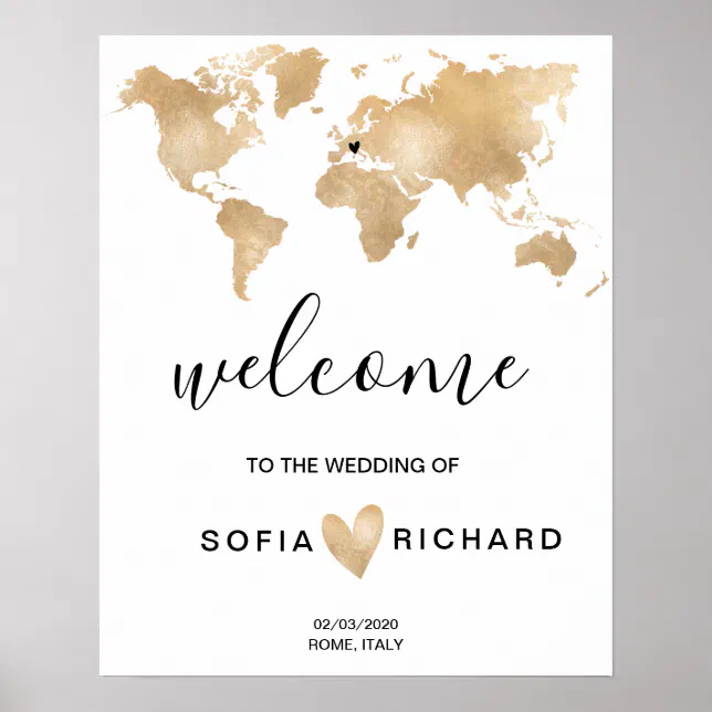 Wedding Destination World Map Gold Removable Heart Poster | Zazzle