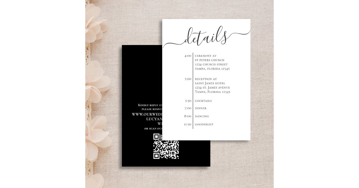 Wedding Details QR Code Minimalist Timeline Enclosure Card | Zazzle