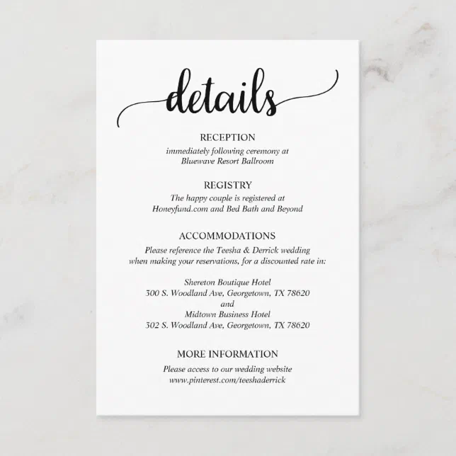 Wedding Details, Rustic Script Enclosure Card | Zazzle