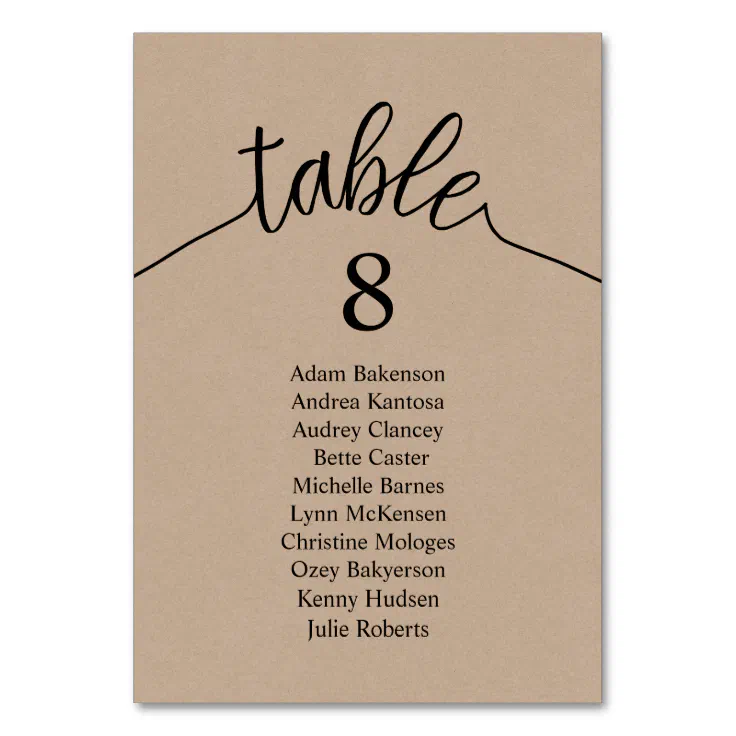 Wedding Dinner Guest Table Chart, Brown Kraft Card | Zazzle