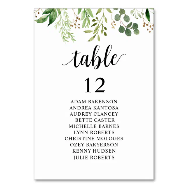 Wedding Dinner, Guests Seating Chart, Greenery Table Number | Zazzle