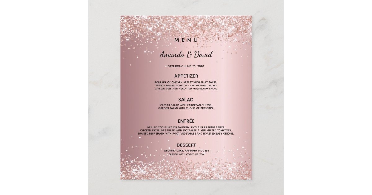 Wedding dinner menu blush pink rose glitter dust | Zazzle