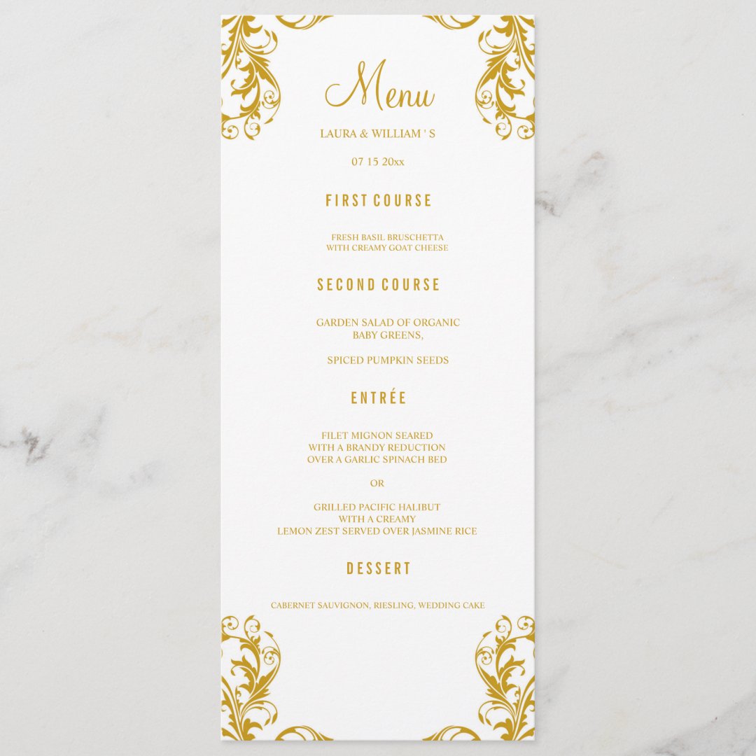 Wedding Dinner Menu Cards | Gold Damask Style | Zazzle