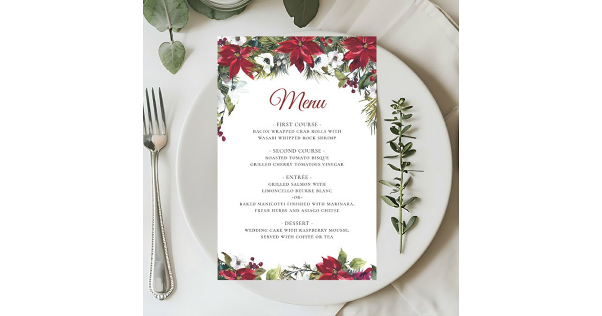 Wedding Dinner Menu Red Poinsettia Floral | Zazzle